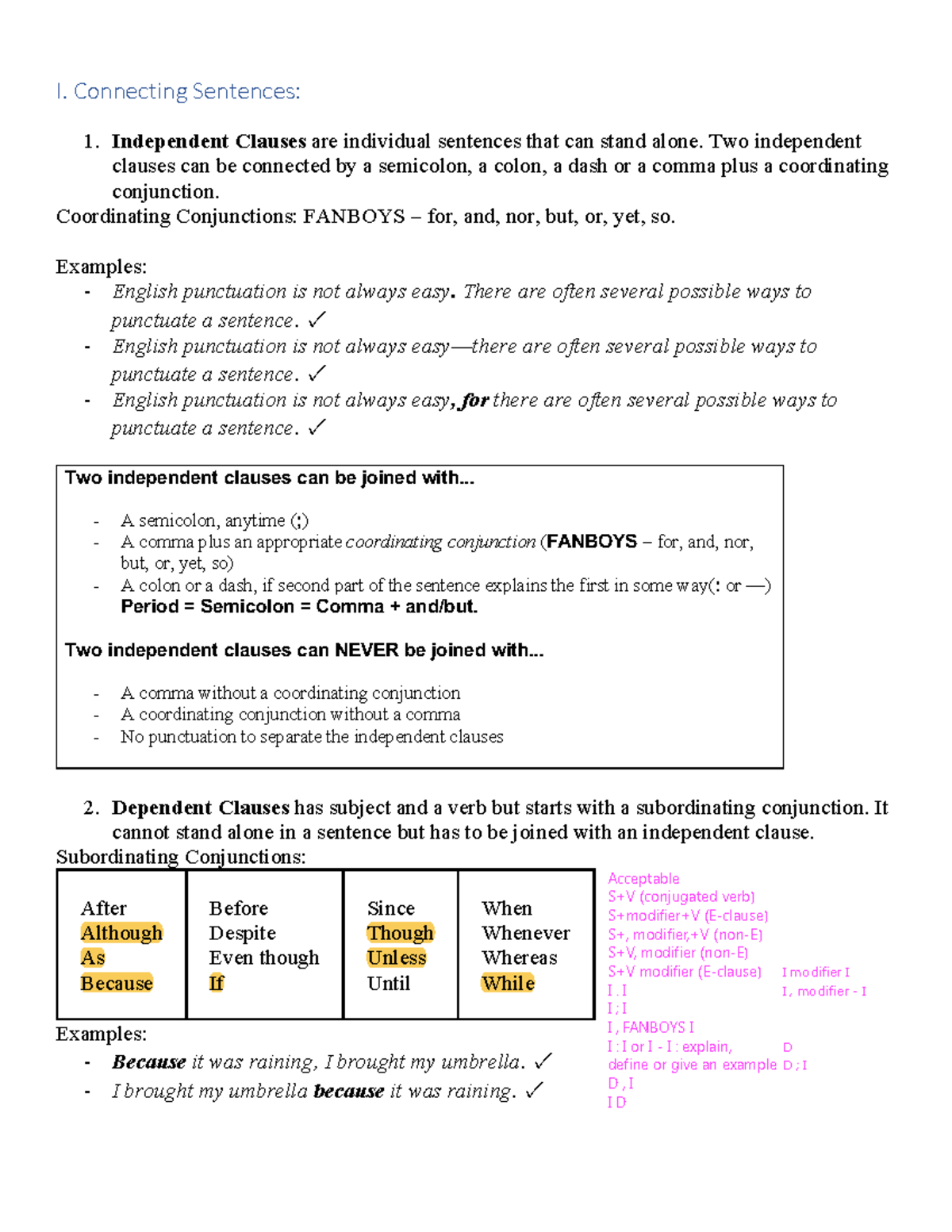 Grammar Guide - Syntax: Connecting Independent & Dependent Clauses ...