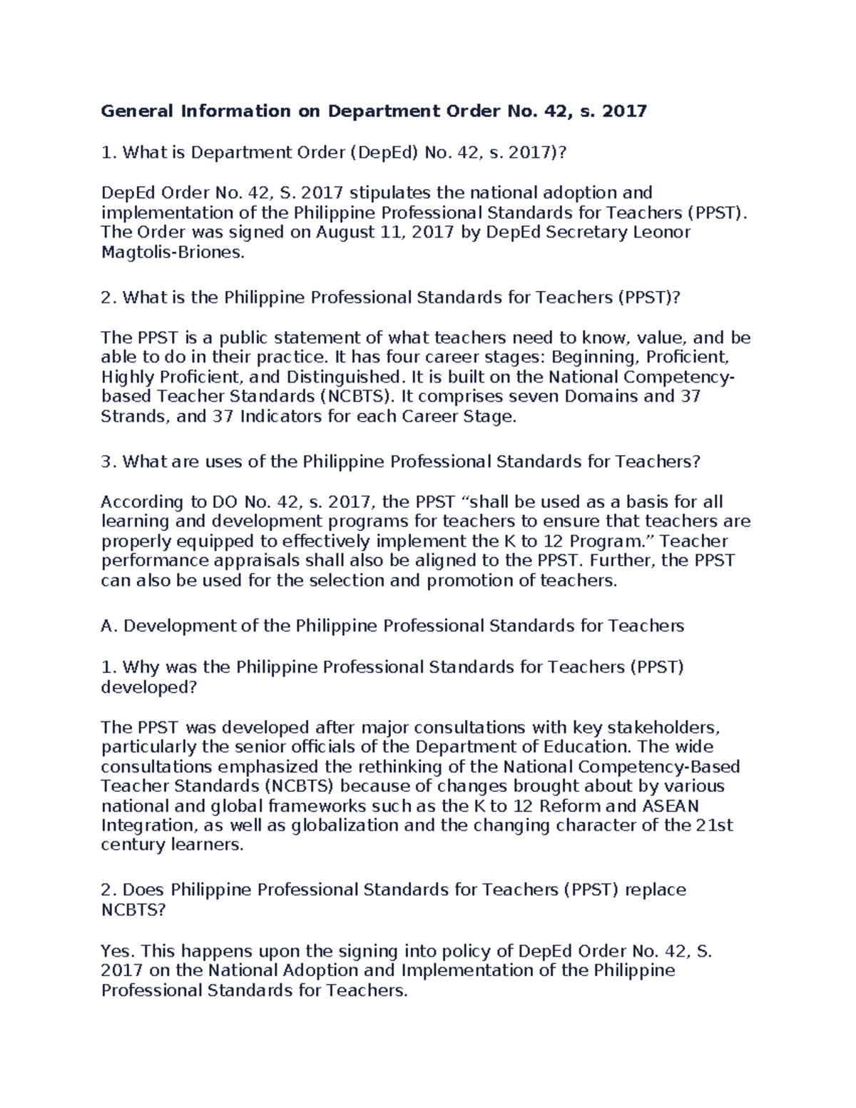Department Order No. 42, s. 2017 & Philippine Professional Standards ...