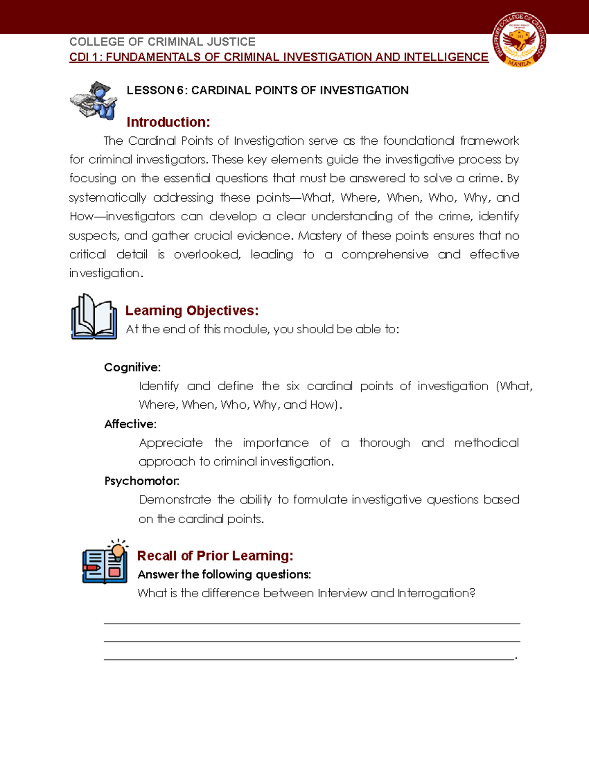 Lesson 6: Cardinal Points of Investigation - CDI 1 Overview - Studocu
