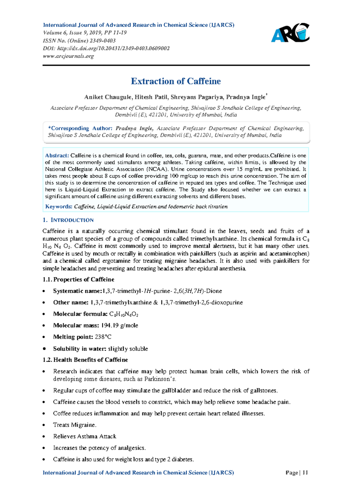 Extraction of Caffeine: Techniques and Analysis (IJARCS) - Studocu