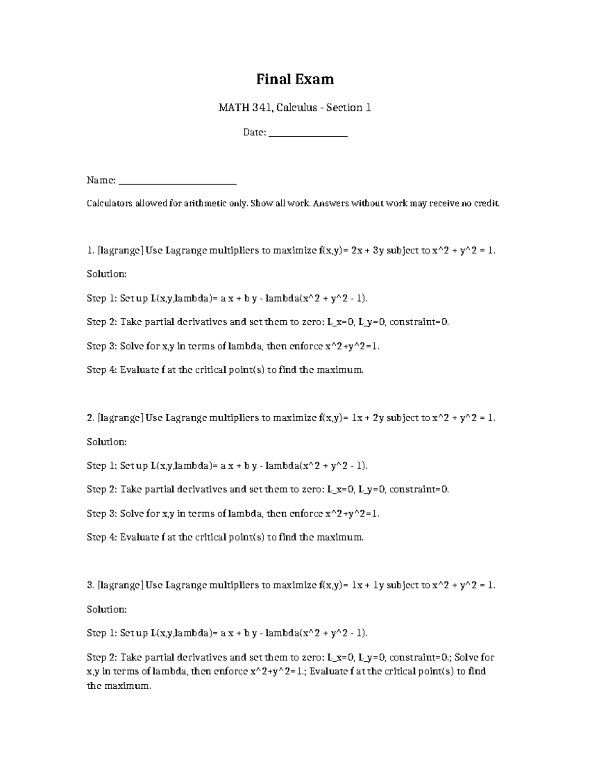 Final Exam Solutions for MATH 341: Lagrange Multipliers - Studocu