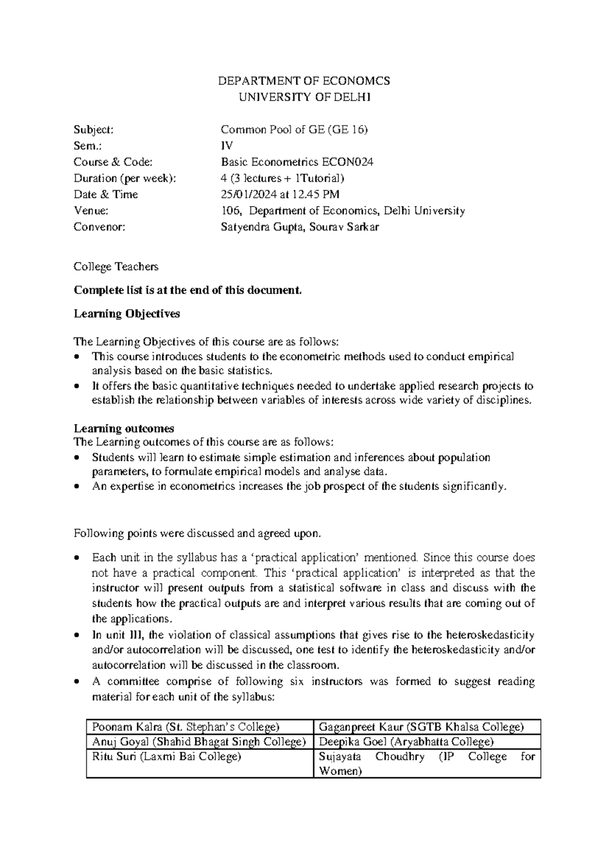 ECON024 - Basic Econometrics Course Overview and Syllabus - Studocu