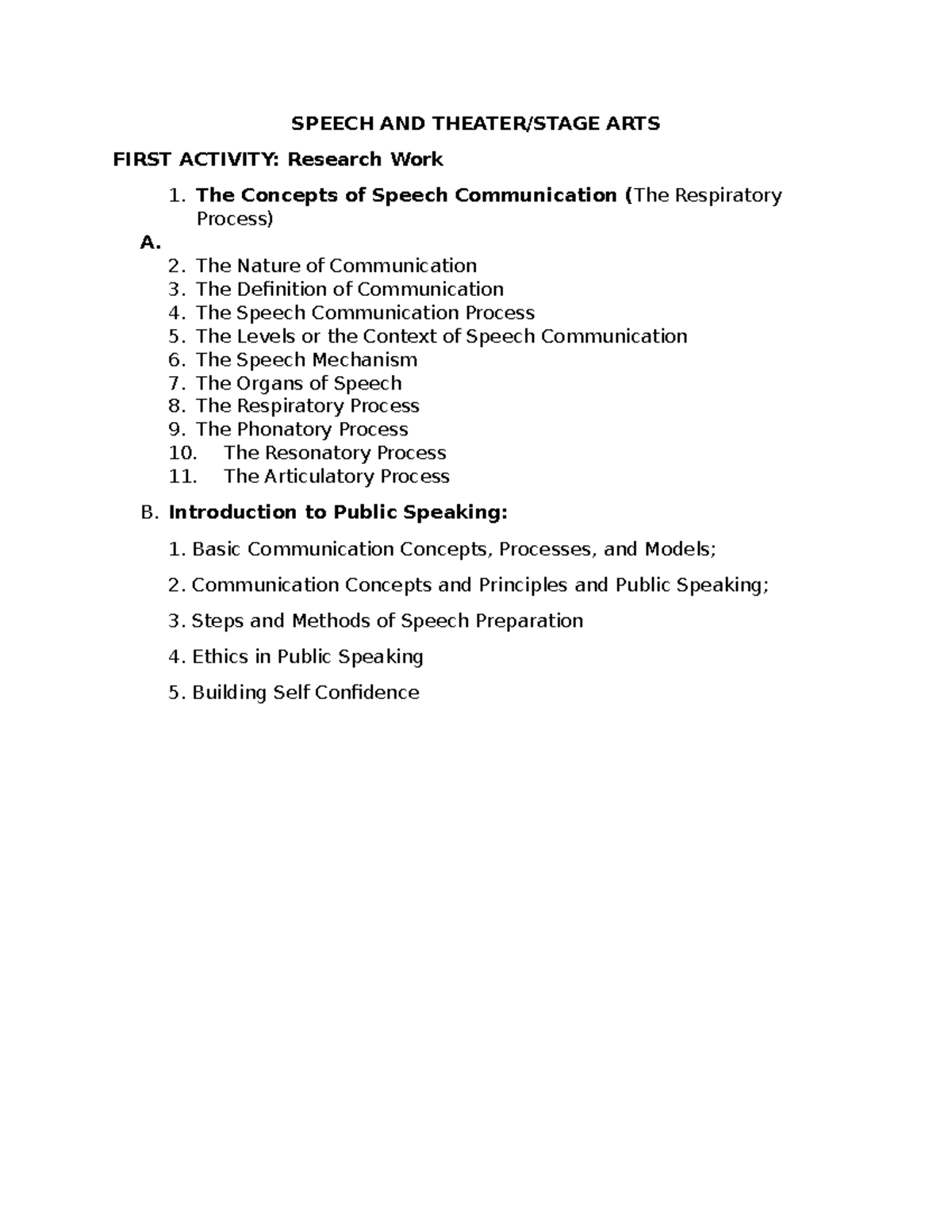 SPEECH AND ARTS ACTIVITY: Concepts of Communication and Public Speaking ...