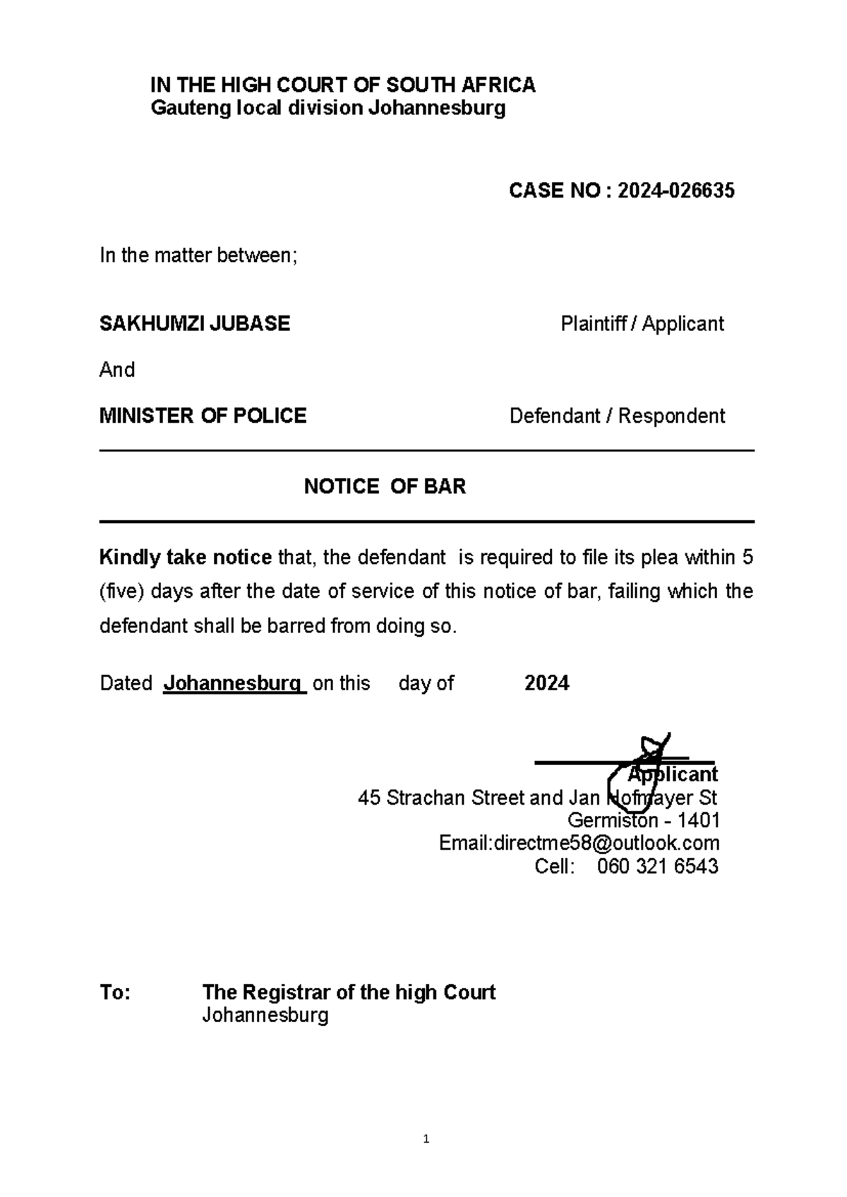 High Court Notice of Bar - Rule 16A - Case No: 2024- - Studocu