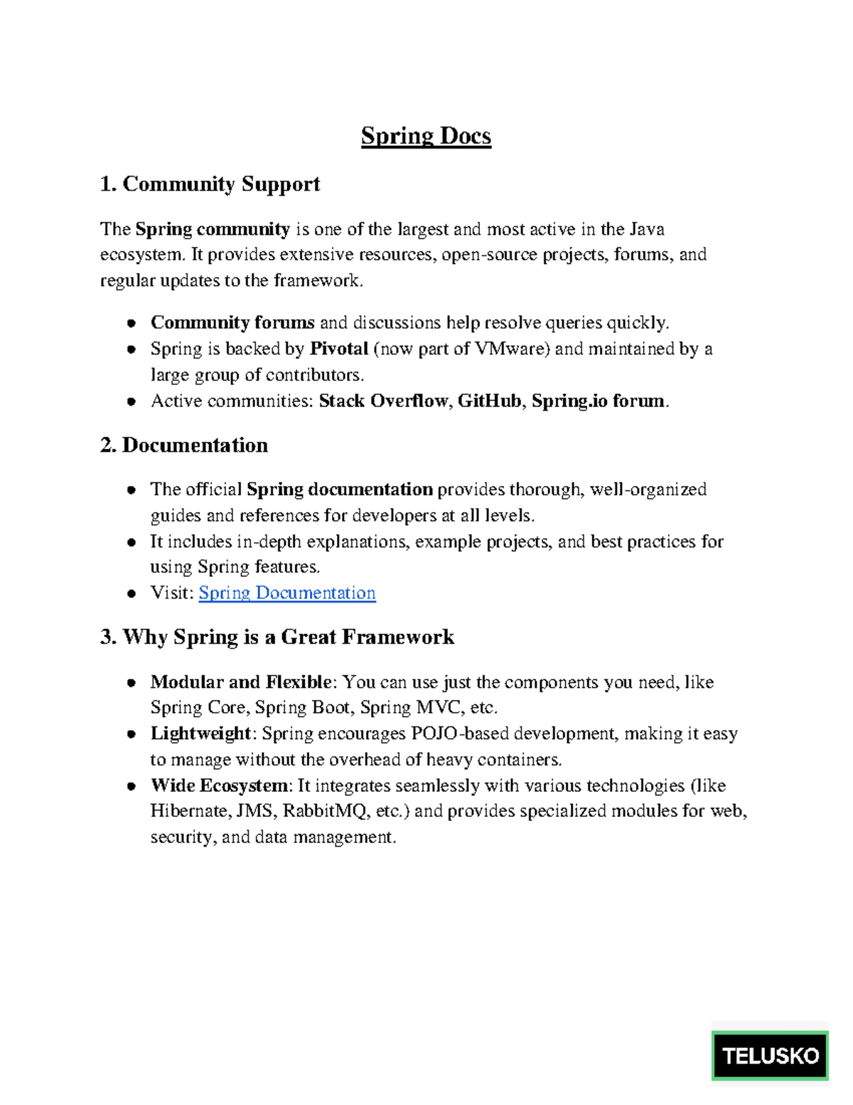 Spring Docs: Community Support & Framework Overview - Studocu