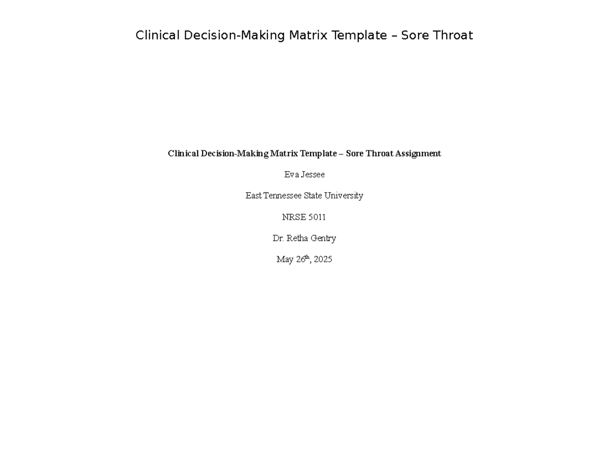 NRSE 5011 Clinical Matrix: Sore Throat Diagnosis & Treatment - Studocu