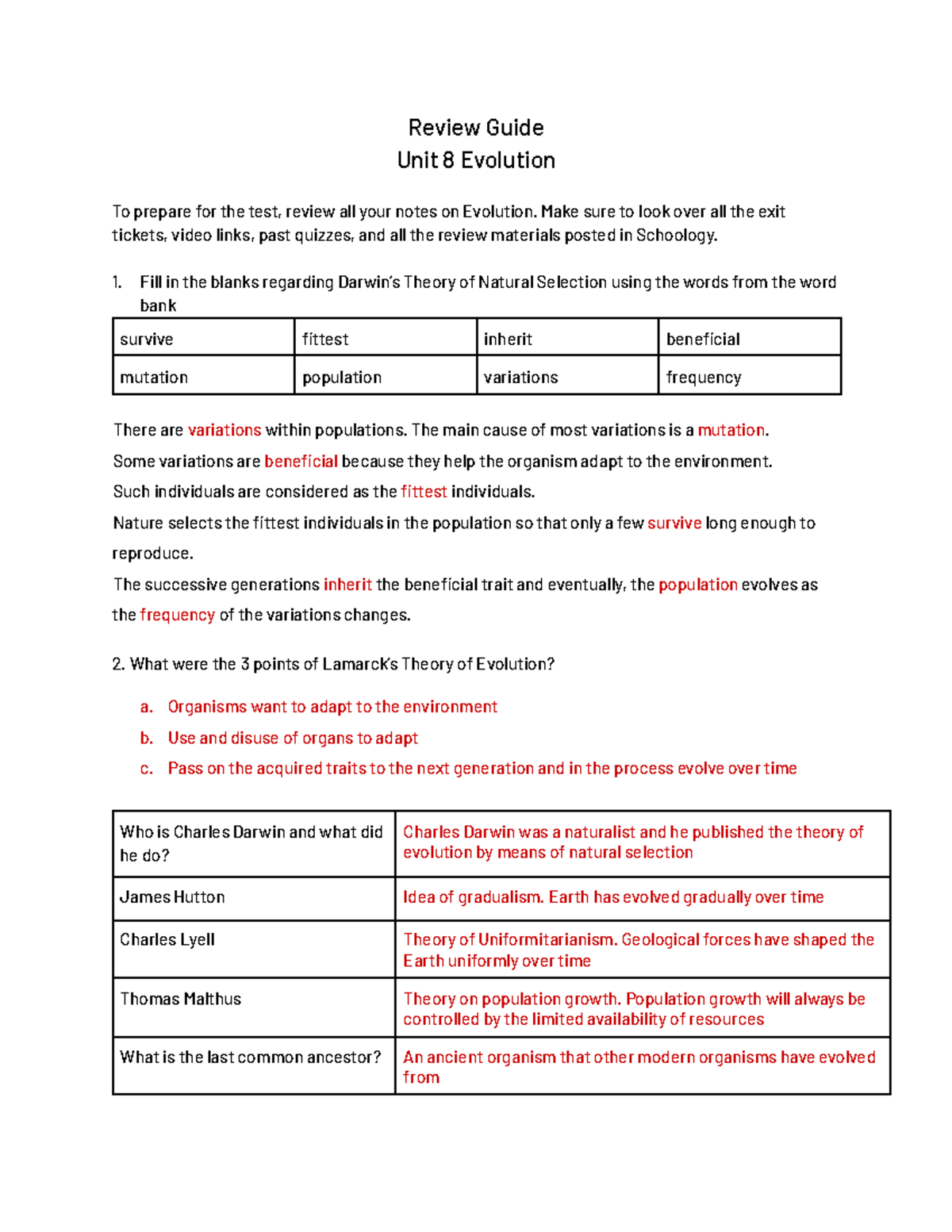 Unit 8: Evolution Review Guide Key for Exam Preparation - Studocu