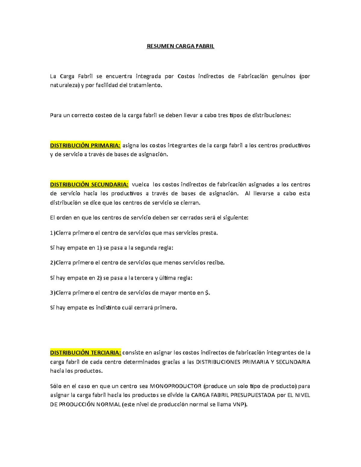 Resumen de Carga Fabril y Costos Indirectos de Fabricación - Studocu