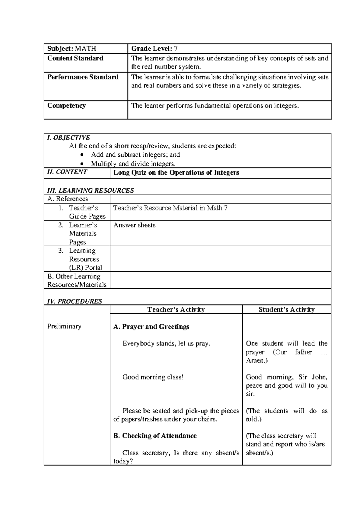 MATH 7 Long Quiz Lesson Plan on Operations of Integers - Studocu