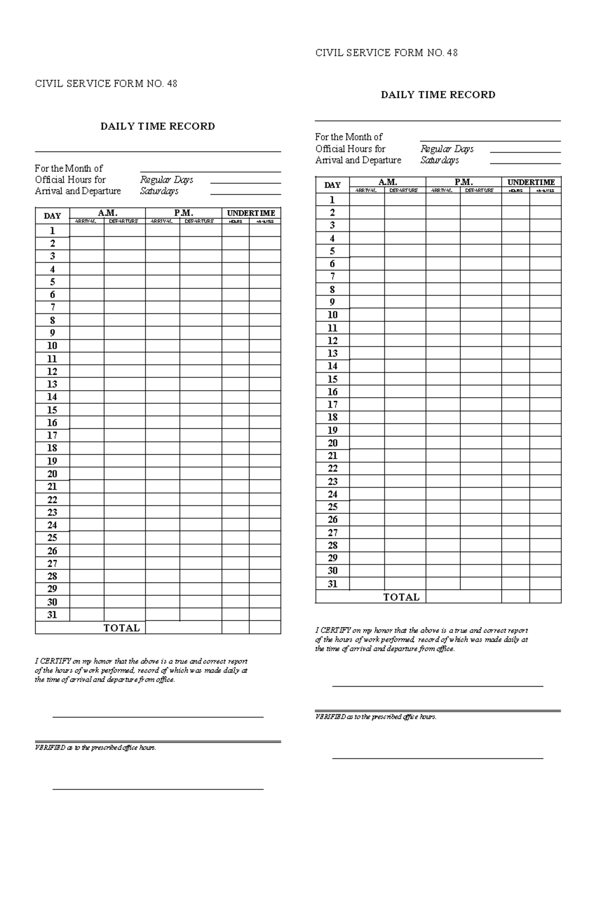 CIVIL SERVICE FORM NO. 48: DAILY TIME RECORD TEMPLATE - Studocu