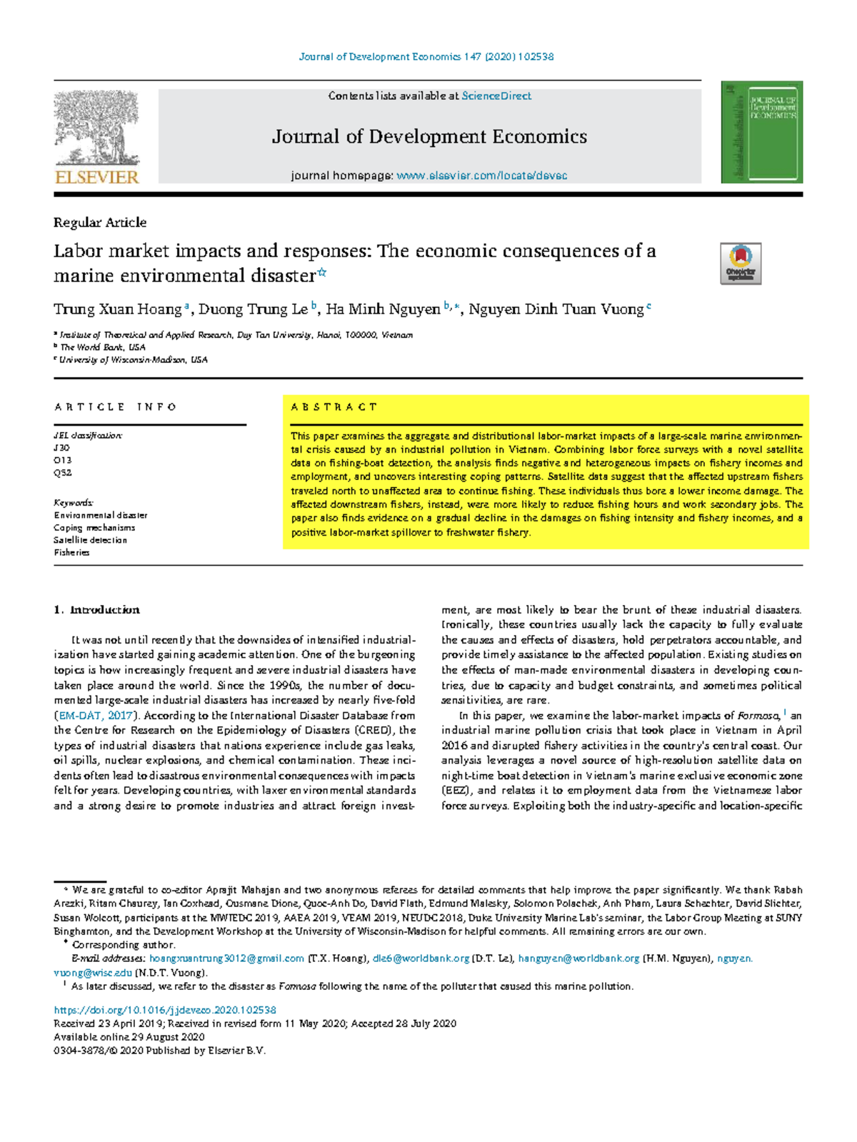 Labor Market Impacts of the Formosa Marine Pollution Crisis: A Study ...