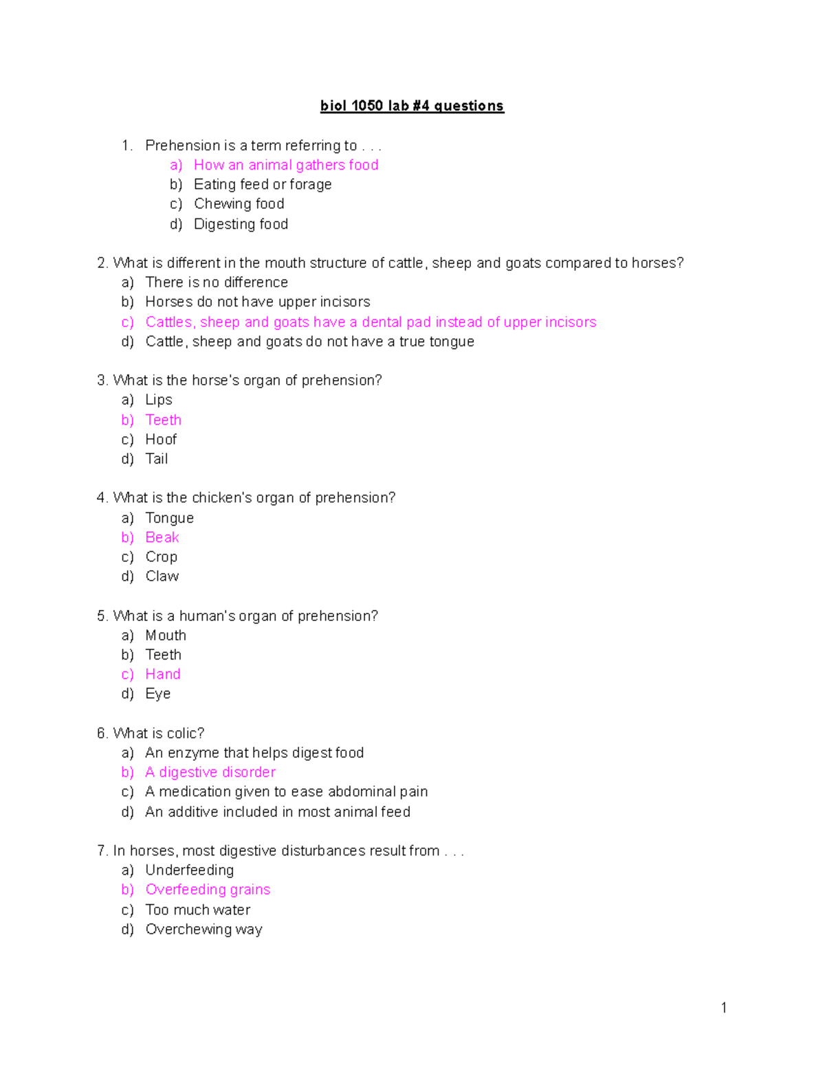 Biol 1050 - Lab #4 Questions on Animal Prehension and Digestion - Studocu