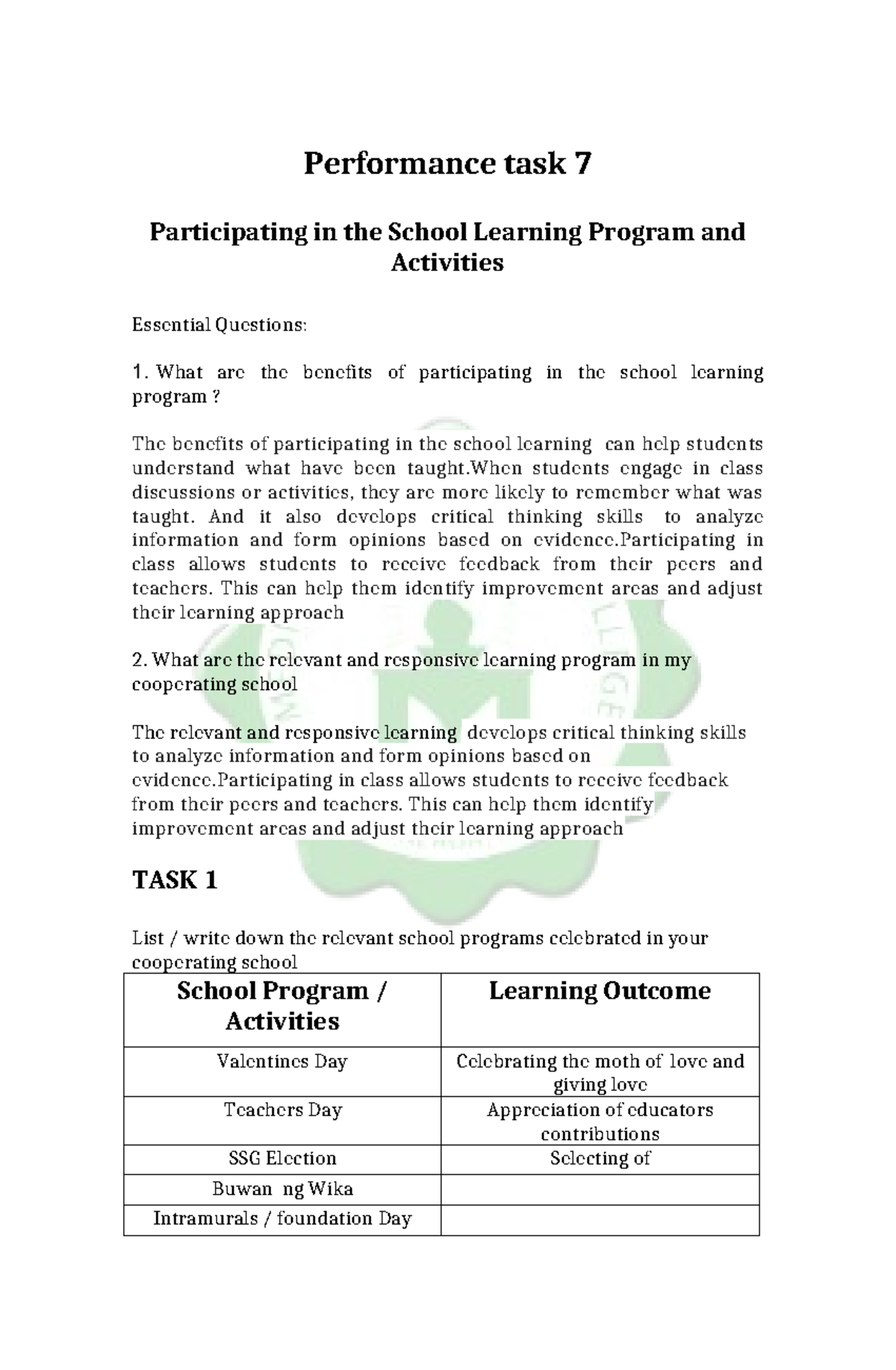 Performance Task 7: Enhancing Learning Through School Programs - Studocu