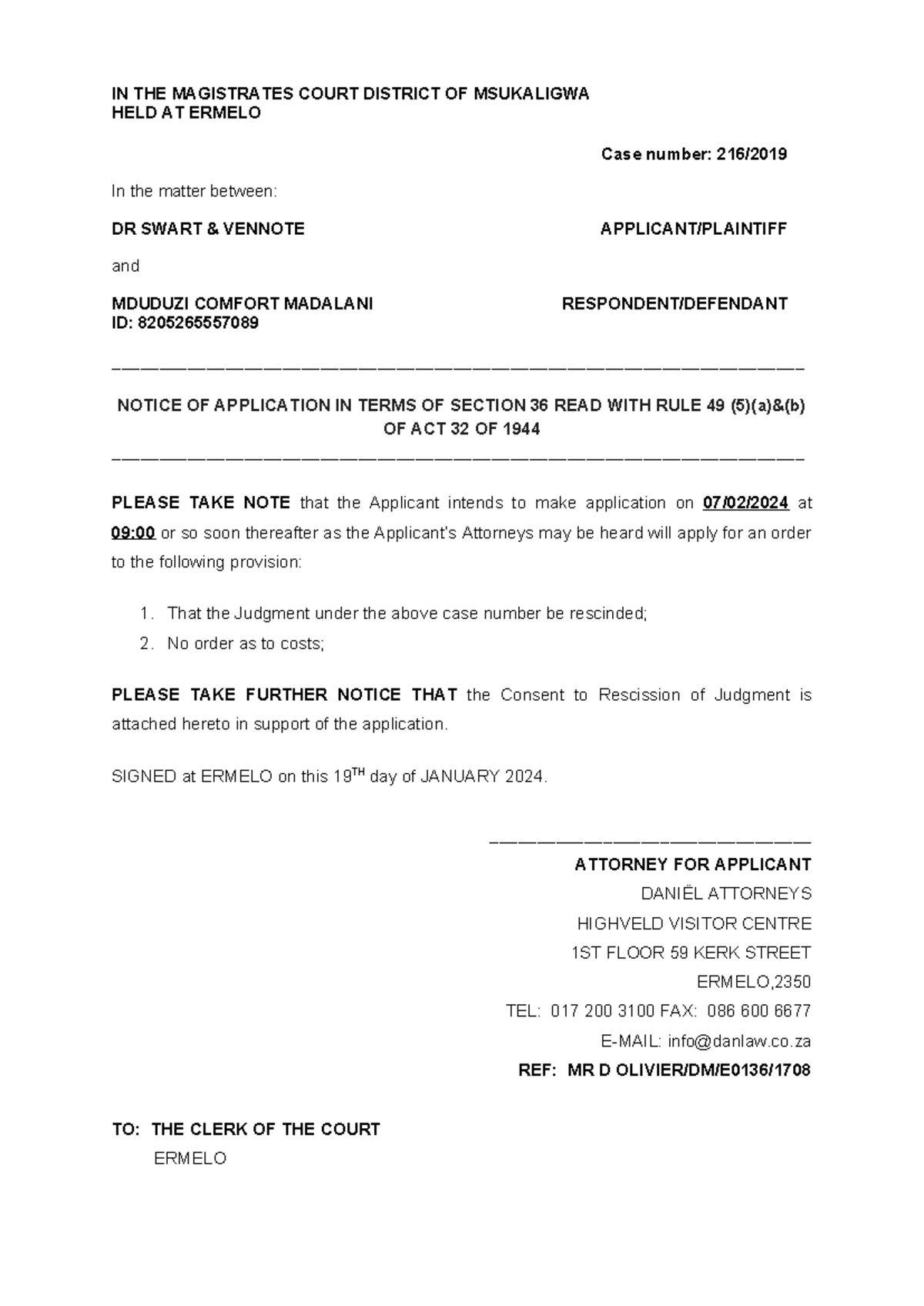 Rescission of Judgment Application - Case No. 216/2024 - Studocu