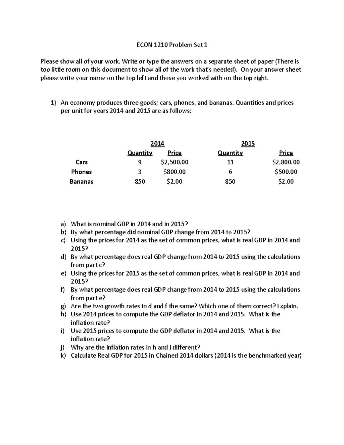 Practice problems chapter 2 - ECON 1210 Problem Set 1 Please show all of your work. Write or ...