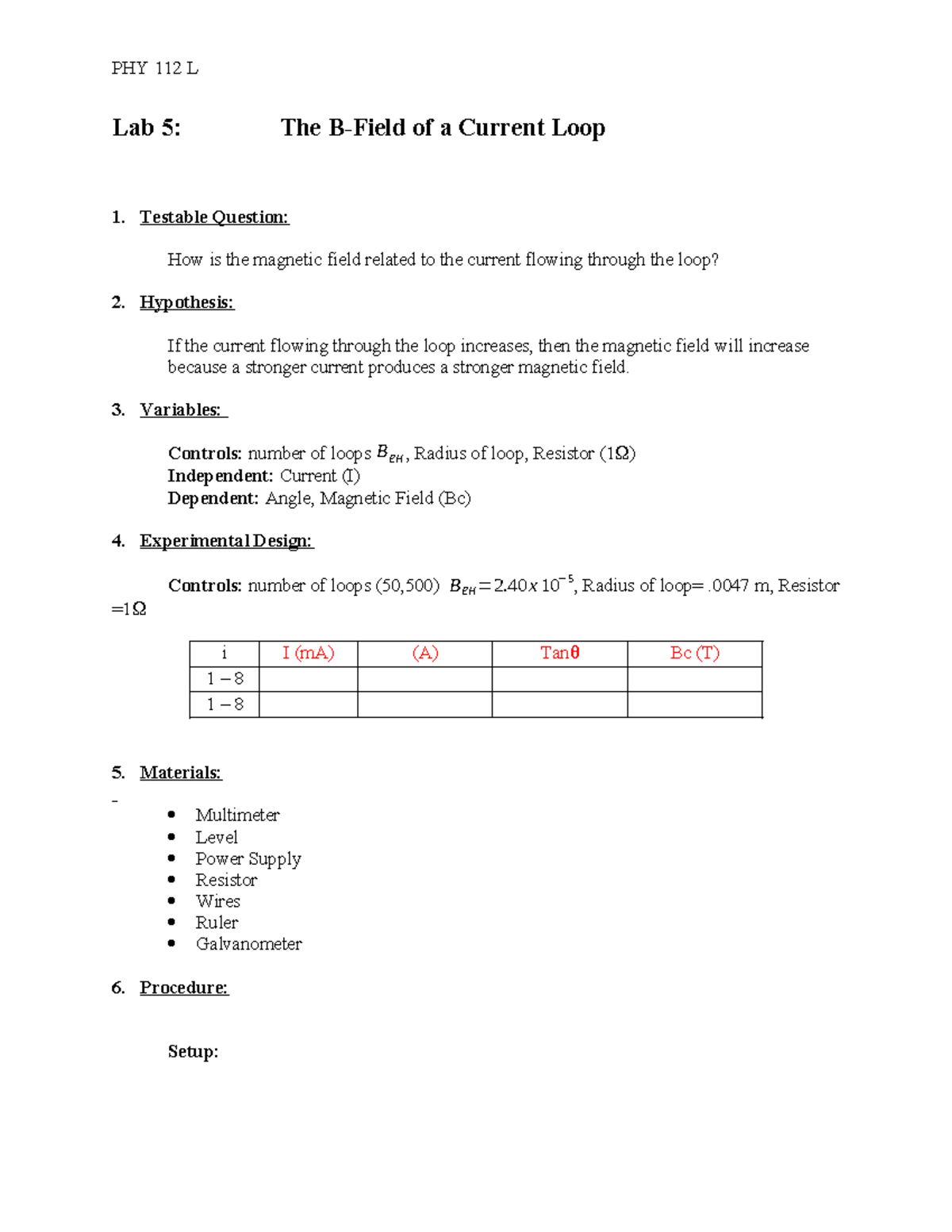 Phy112l Lab05 Bfield of Current Loop3 - Lab 5: The B-Field of a Current ...