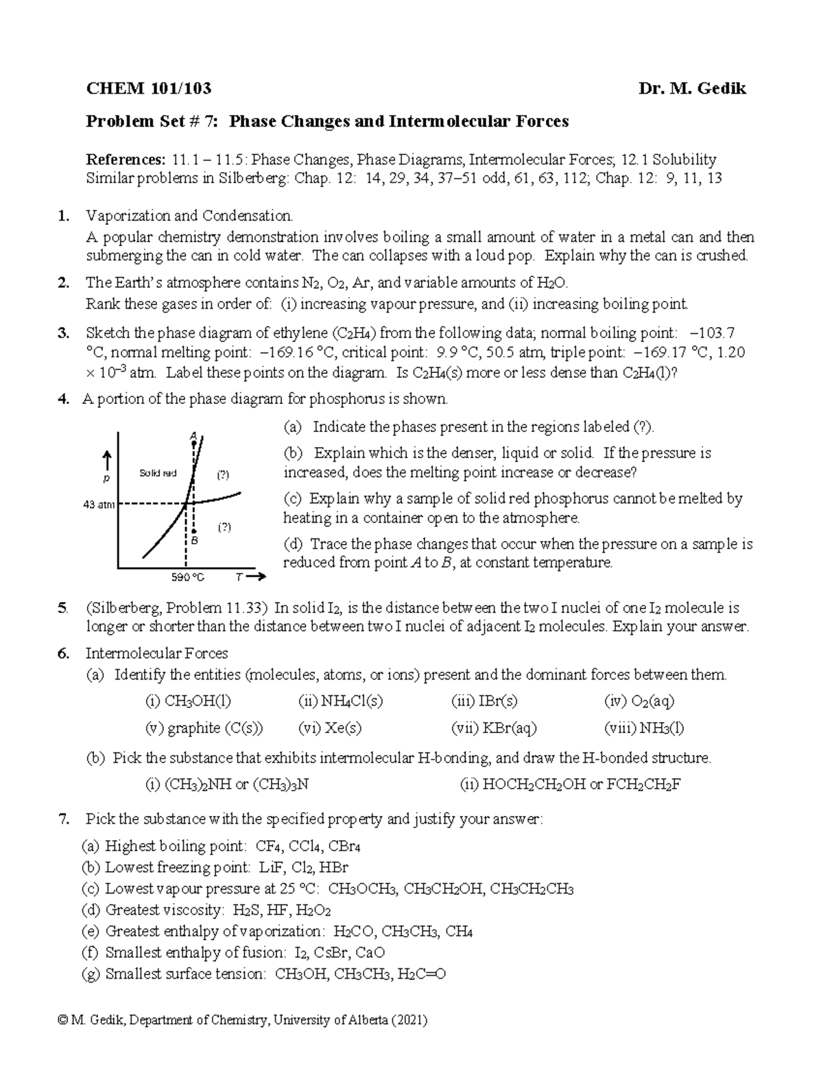 CHEM 202 Problem Set 7: Phase Changes & Intermolecular Forces - Studocu