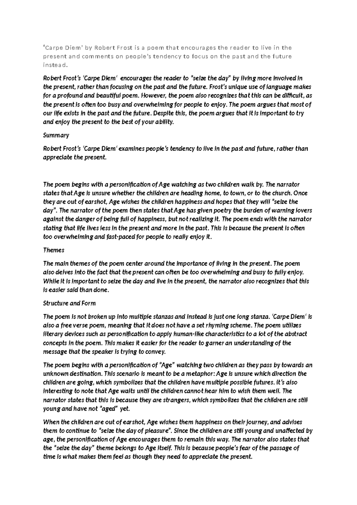 ENGL 101: Analysis of 'Carpe Diem' by Robert Frost - Themes & Structure ...