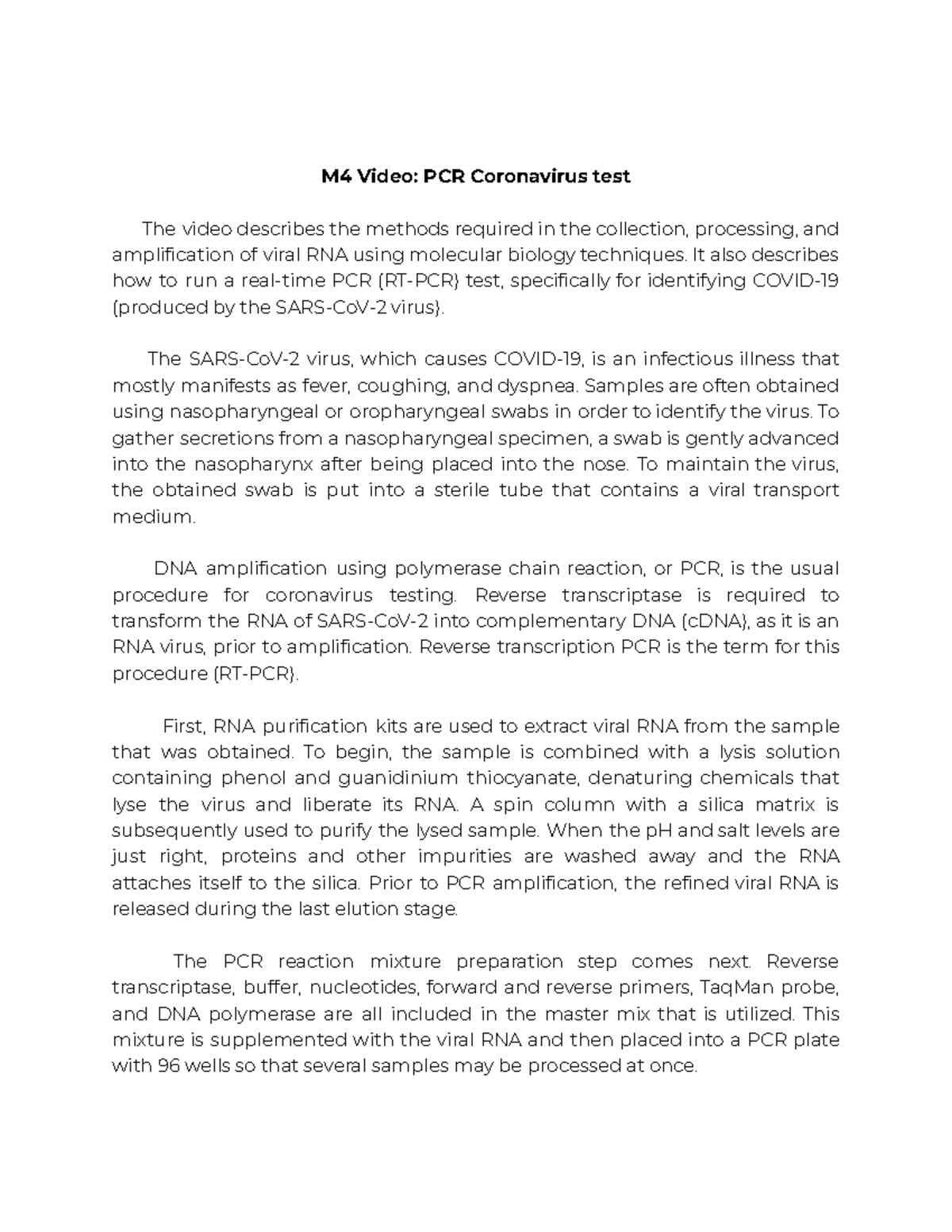 BSMT 3S Mol Bio M4 Video Summary: PCR Techniques for COVID Test - Studocu
