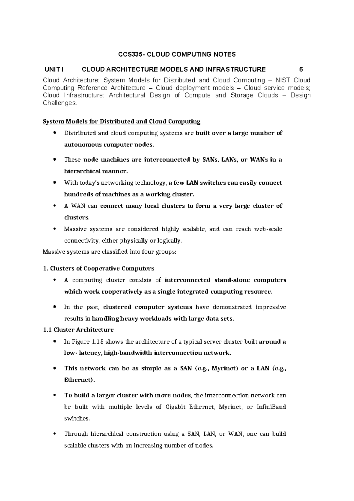 CLOUD COMPUTING NOTES: UNIT I - ARCHITECTURE & INFRASTRUCTURE - Studocu