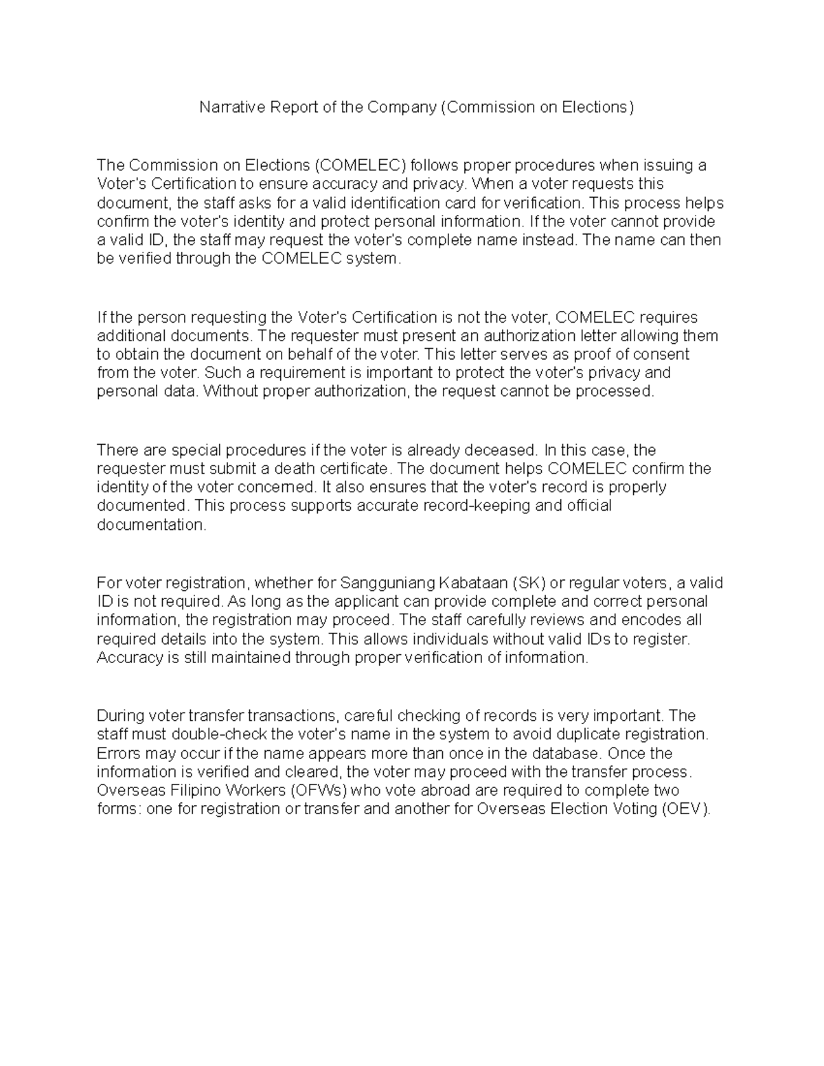 Narrative Report on COMELEC Certification Procedures - Studocu