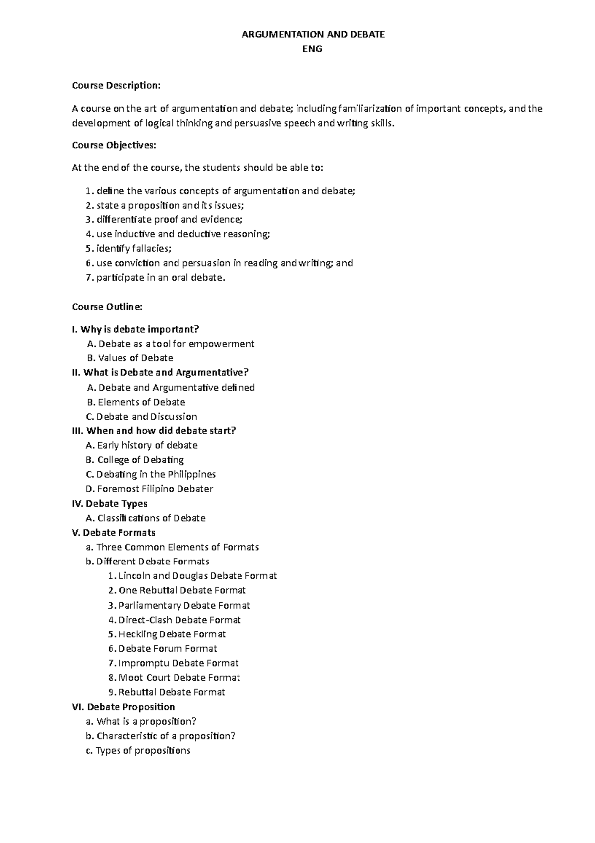 ENG 101: Argumentation and Debate Course Overview and Structure - Studocu