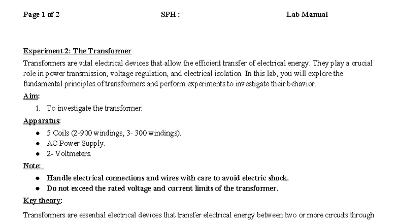 SPH Lab Manual: Experiment 2 - Exploring Transformers - Studocu