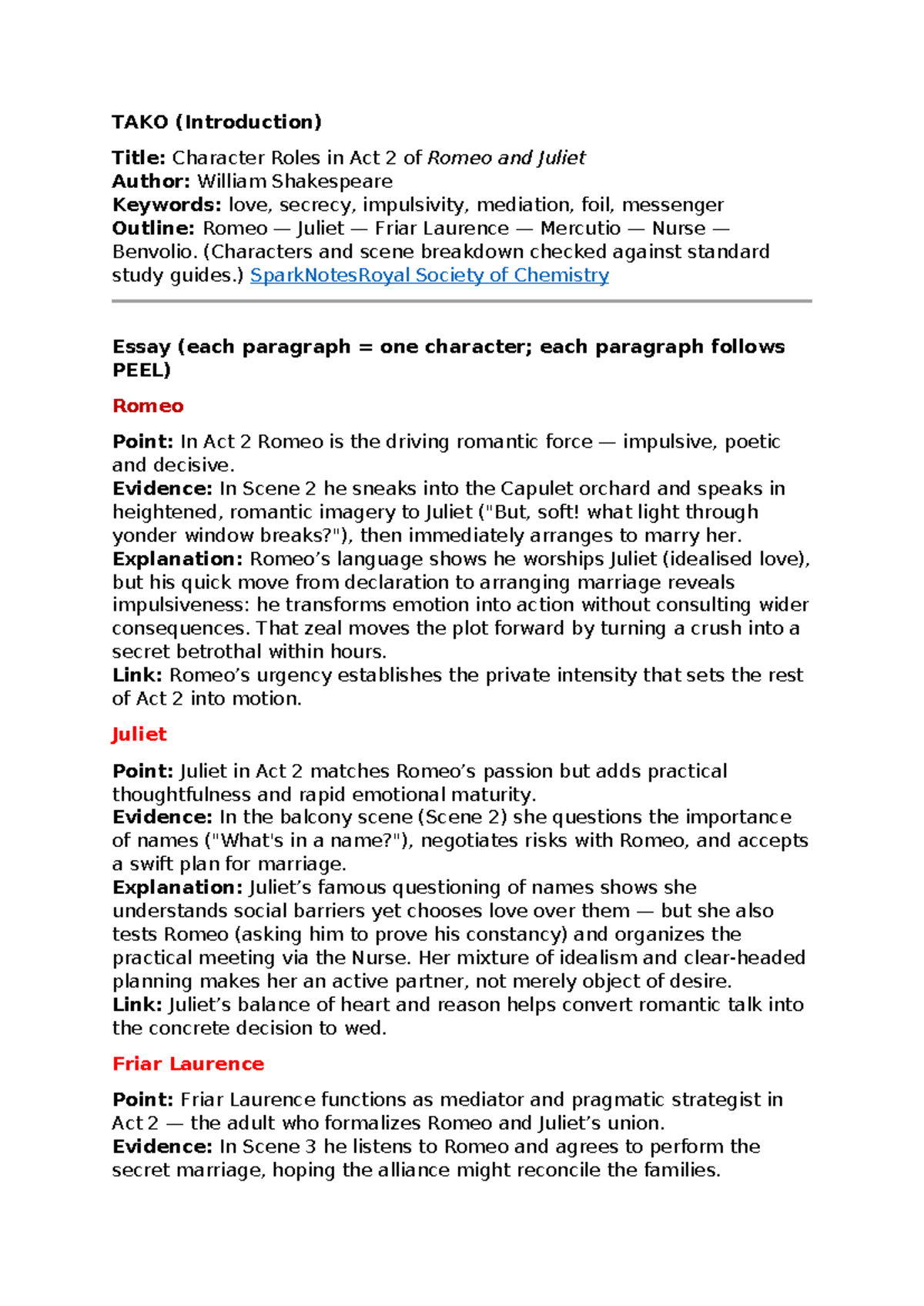 RJ 101: Character Roles in Act 2 of Romeo and Juliet Essay - Studocu