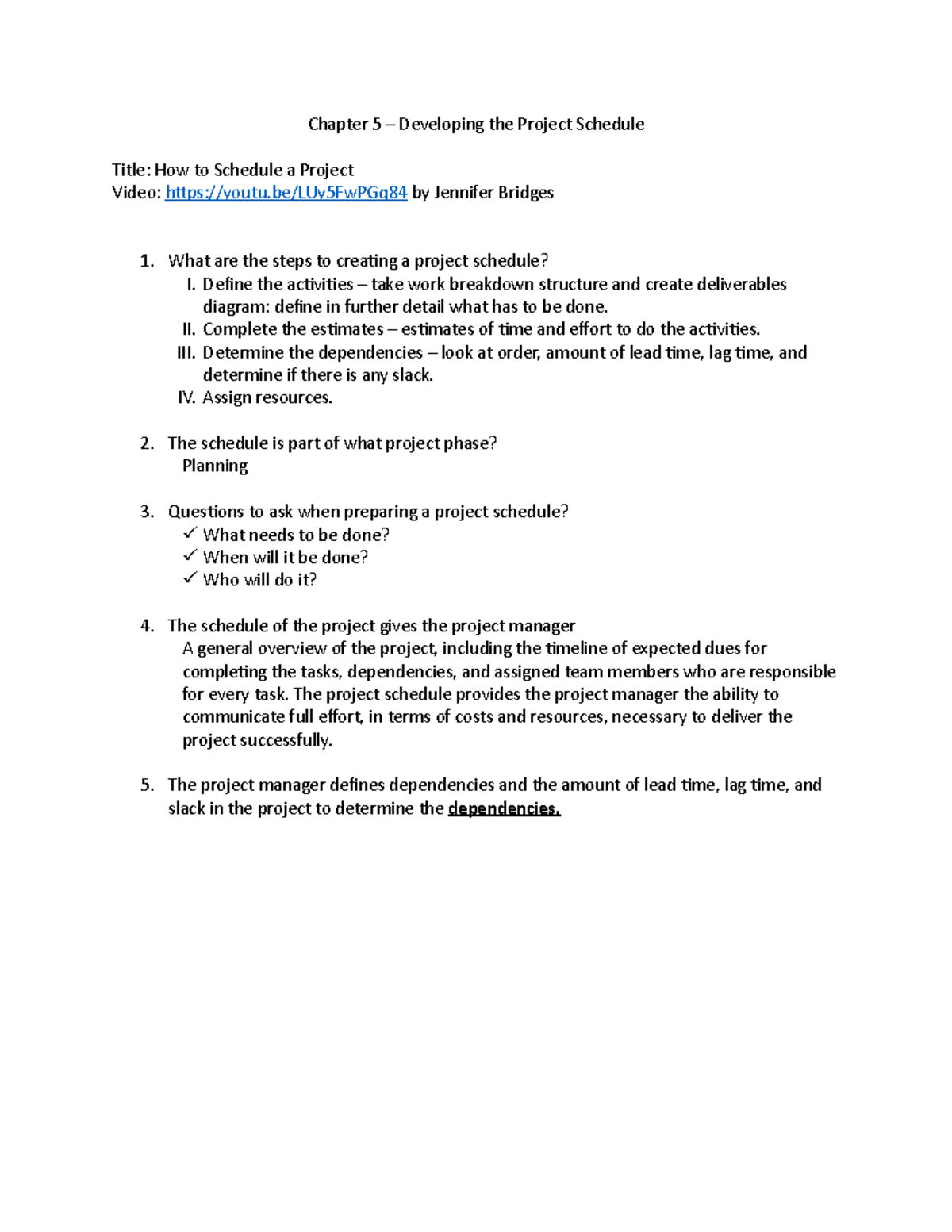 Assignment 5 - Developing the Project Schedule - Chapter 5 – Developing the Project Schedule ...