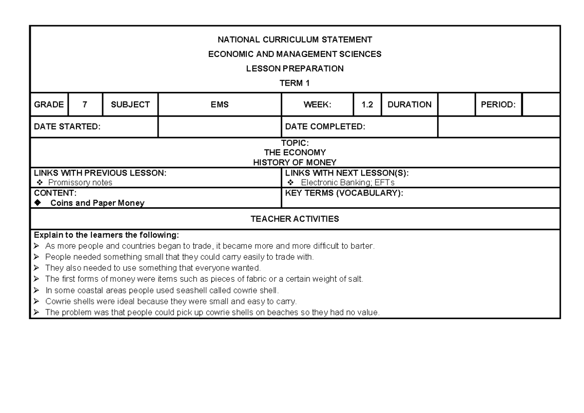 NCS EMS Lesson Plan Term 1 Grade 7: The Economy & History of Money ...