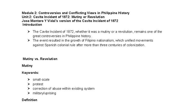 Module 2: Cavite Incident of 1872 - Mutiny or Revolution Analysis - Studocu