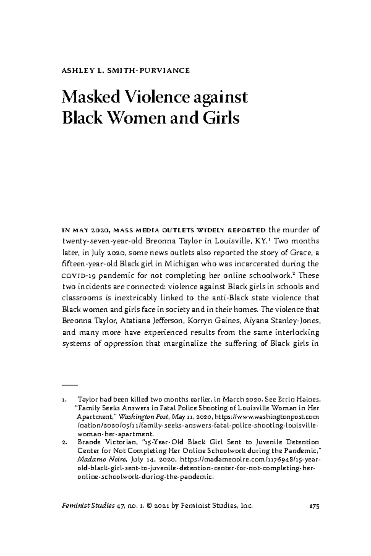 Feminist Studies: Masked Violence against Black Women and Girls - Studocu