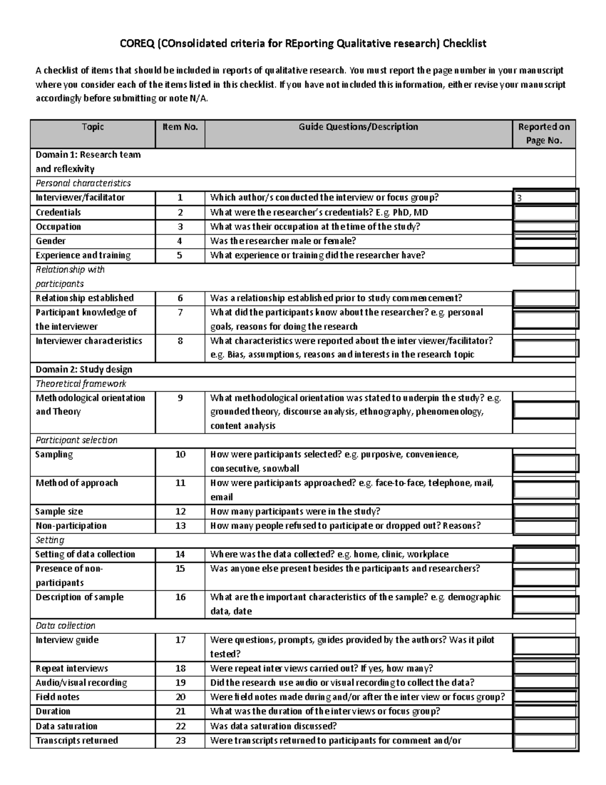 COREQ Checklist for Qualitative Research Reporting - TRYJIL'LXCVBNM ...