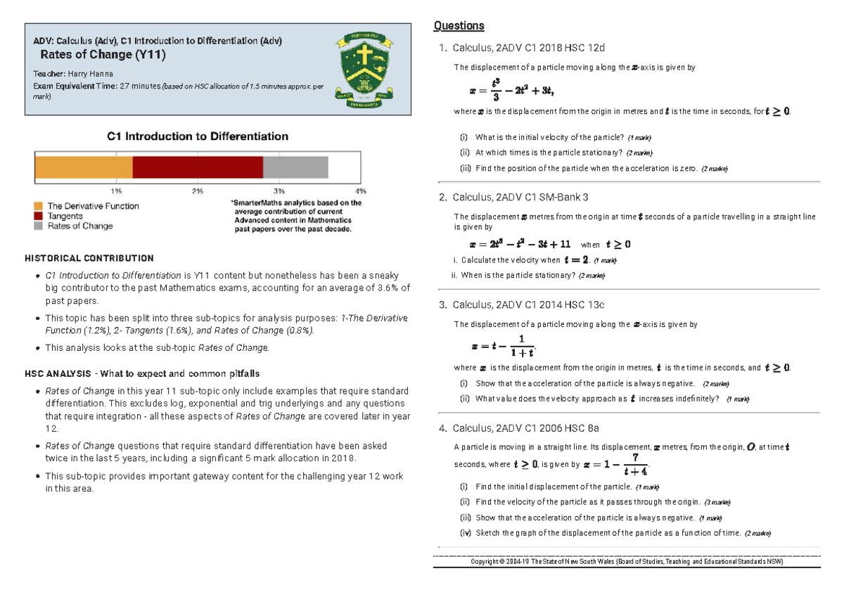 Rates of Change Analysis: Calculus 2ADV C1 Exam Insights - Studocu