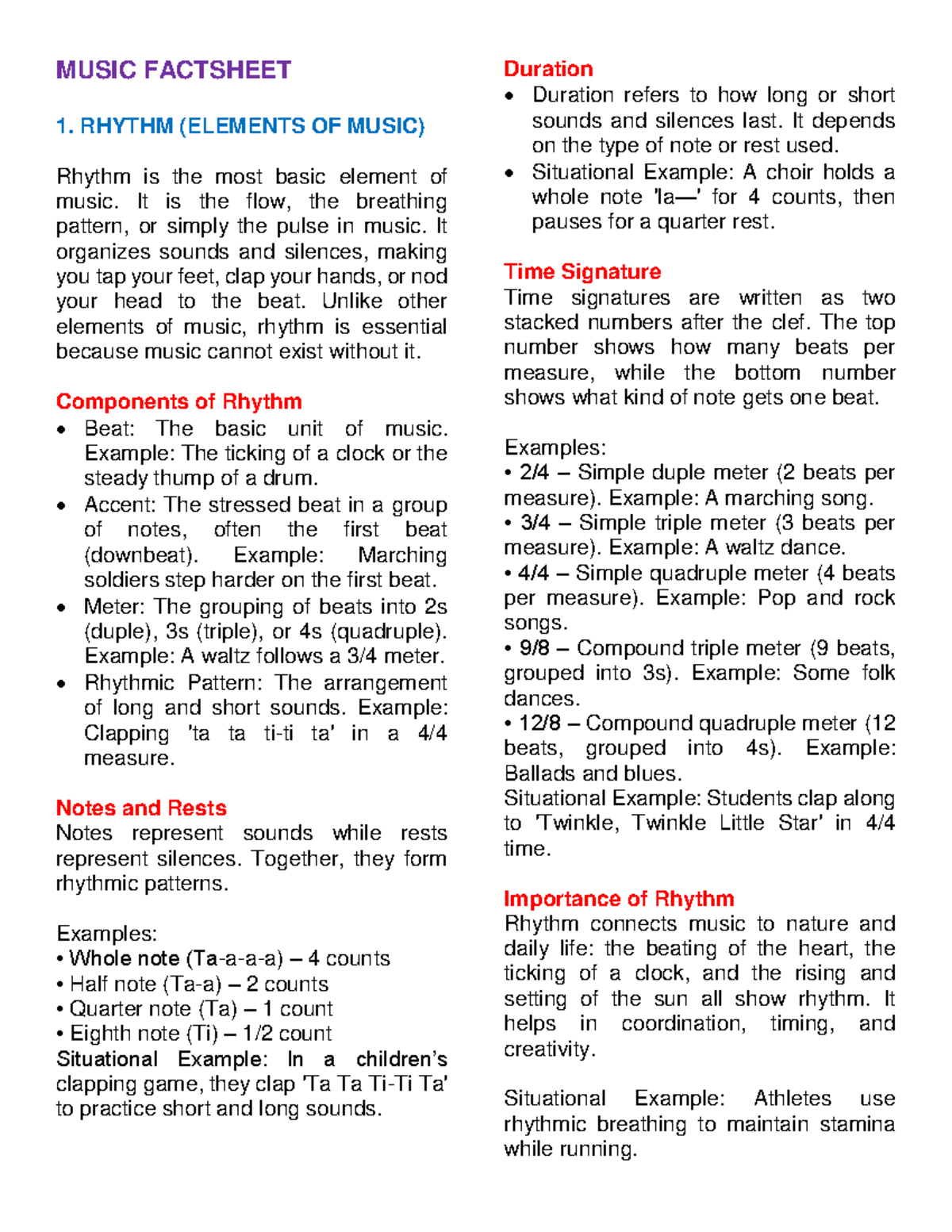 Music Factsheet 1: Rhythm & Melody Elements of Music - Studocu