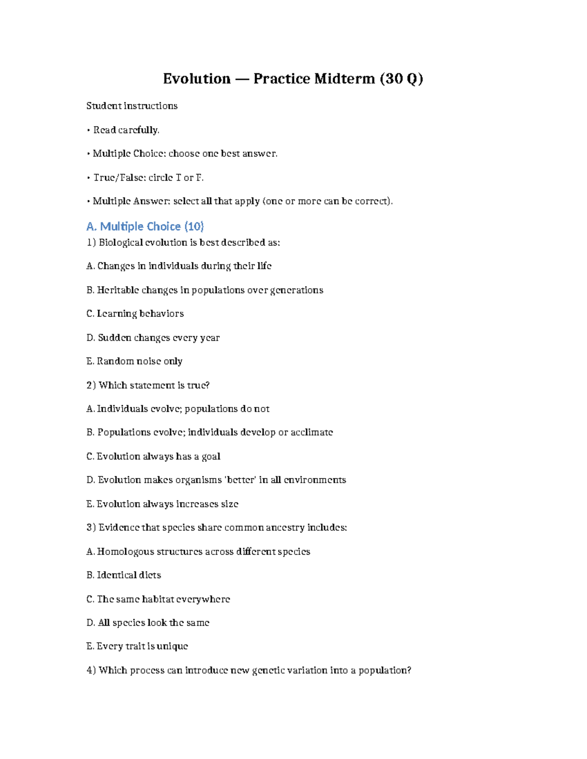 Evolution Practice Midterm (30 Q) for HWCF4XME: Student Guide - Studocu