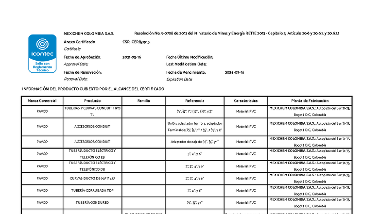 Certificado de Calidad Tubería SCH 40 - MEXICHEM COLOMBIA S.A.S. - Studocu