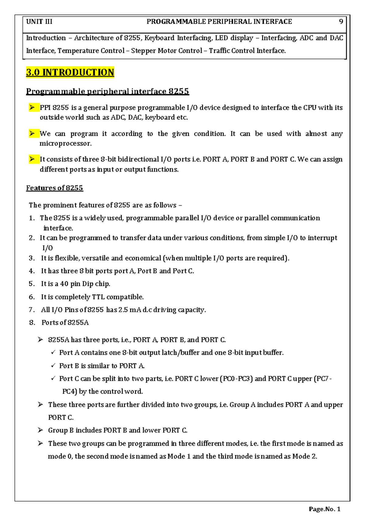 Mechat - UNIT- 3 Final - All 5 units material available - UNIT III PROGRAMMABLE PERIPHERAL ...