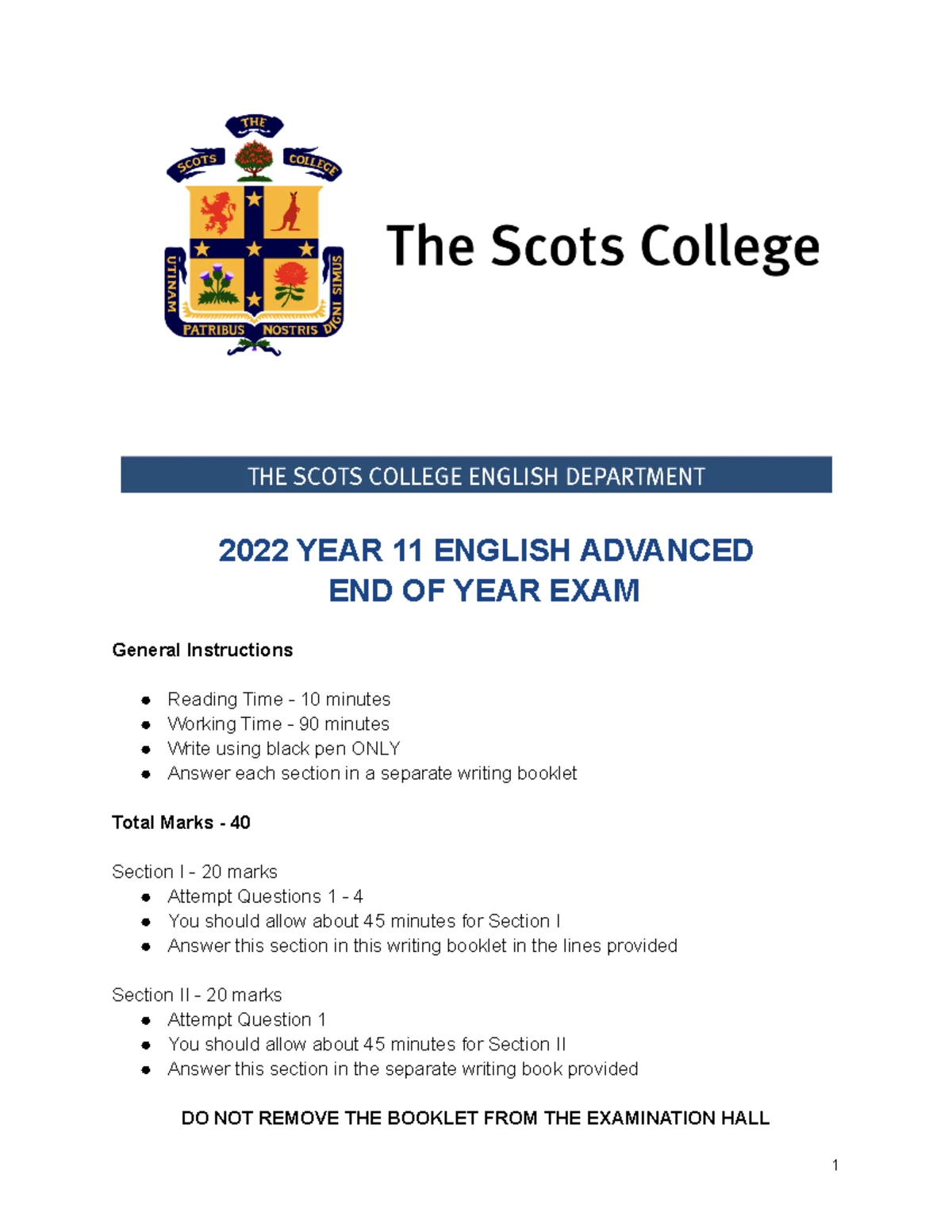 2022 Year 11 Adv English Final Exam - Question Booklet - Studocu