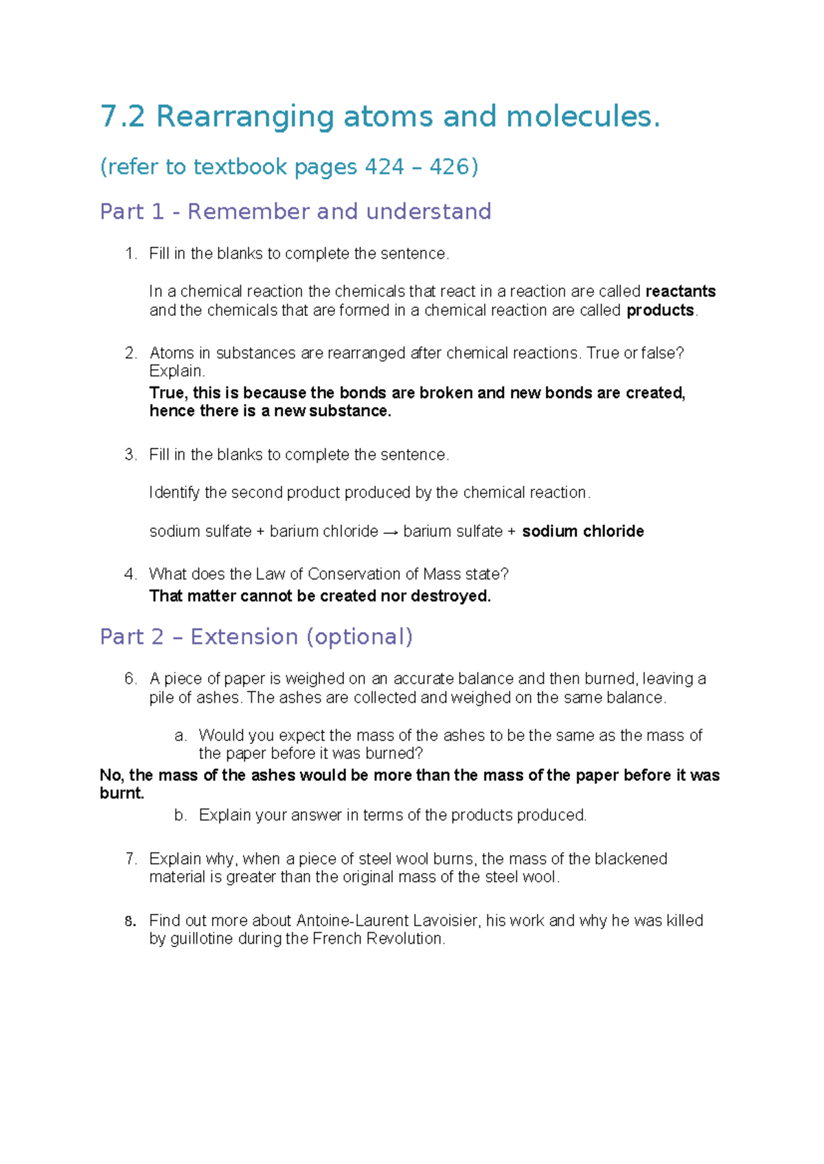 7.2 Textbook Qs & Answers: Rearranging Atoms & Molecules Study Guide ...