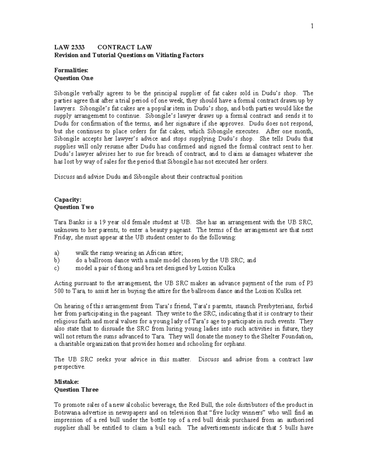 LAW 2333 Contract Law: Revision & Tutorial Qs on Vitiating Factors ...
