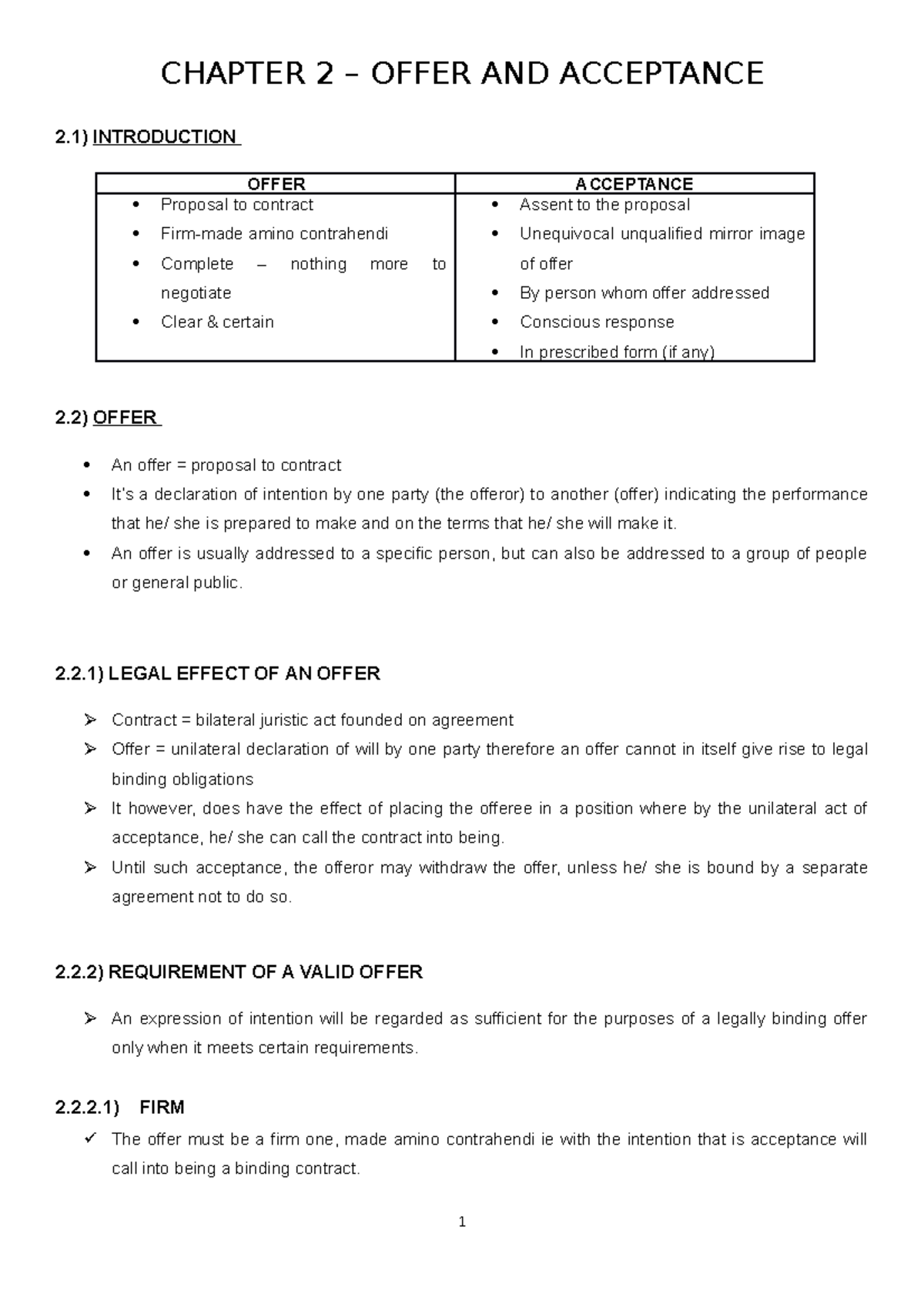 Chapter 2 - Understanding Offer and Acceptance in Contract Law - Studocu