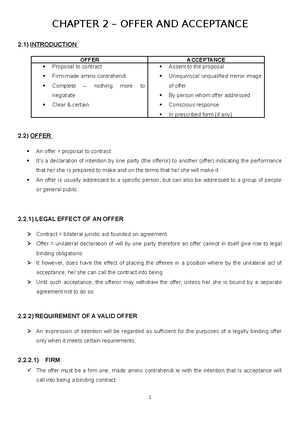 Chapter 1 - Nature & basis of a contract - Notion of a Contract Contract = an agreement between ...
