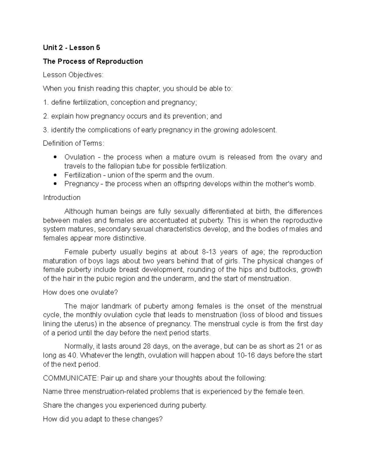 Unit 2 - Lesson 5: Understanding the Reproductive Process - Studocu