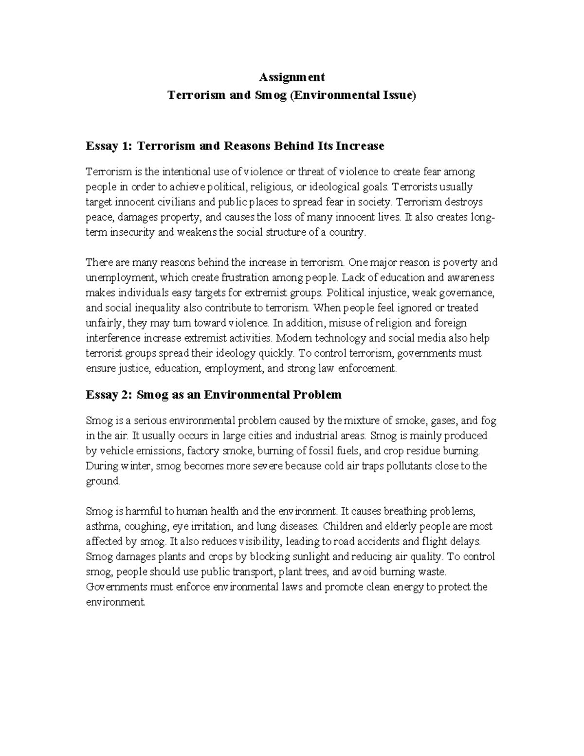 Terrorism and Smog: Environmental Issues Assignment Essay - Studocu