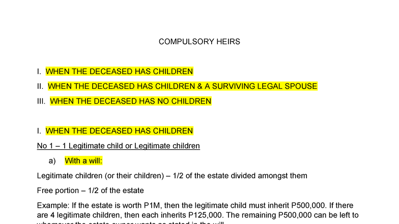 COMPULSORY HEIRS: SUCCESSION NOTES AND EXAMPLES - Studocu