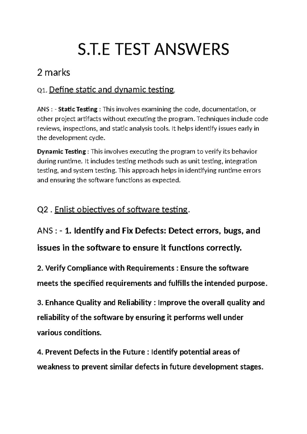QB Answers for S.T.E Test: Static vs Dynamic Testing & More - Studocu