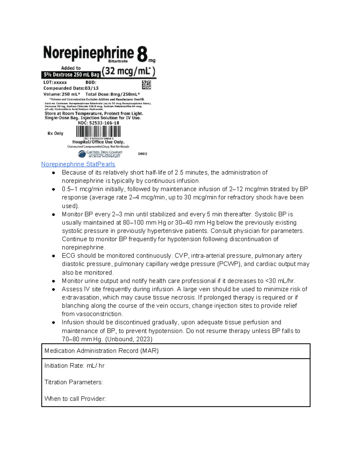 Unit 4 Practice: Norepinephrine Dosage Calculation and Monitoring - Studocu