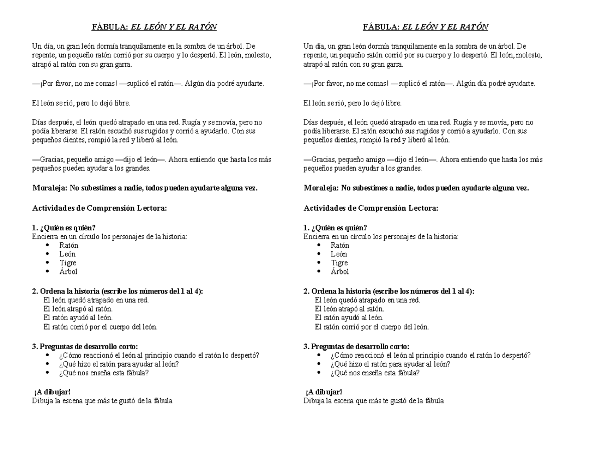 FÁBULA: EL LEÓN Y EL RATÓN - ACTIVIDADES DE COMPRENSIÓN LECTORA - Studocu