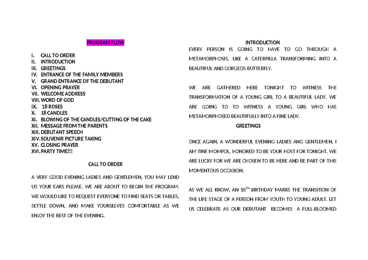 18TH Debut Program Flow Script - Studocu